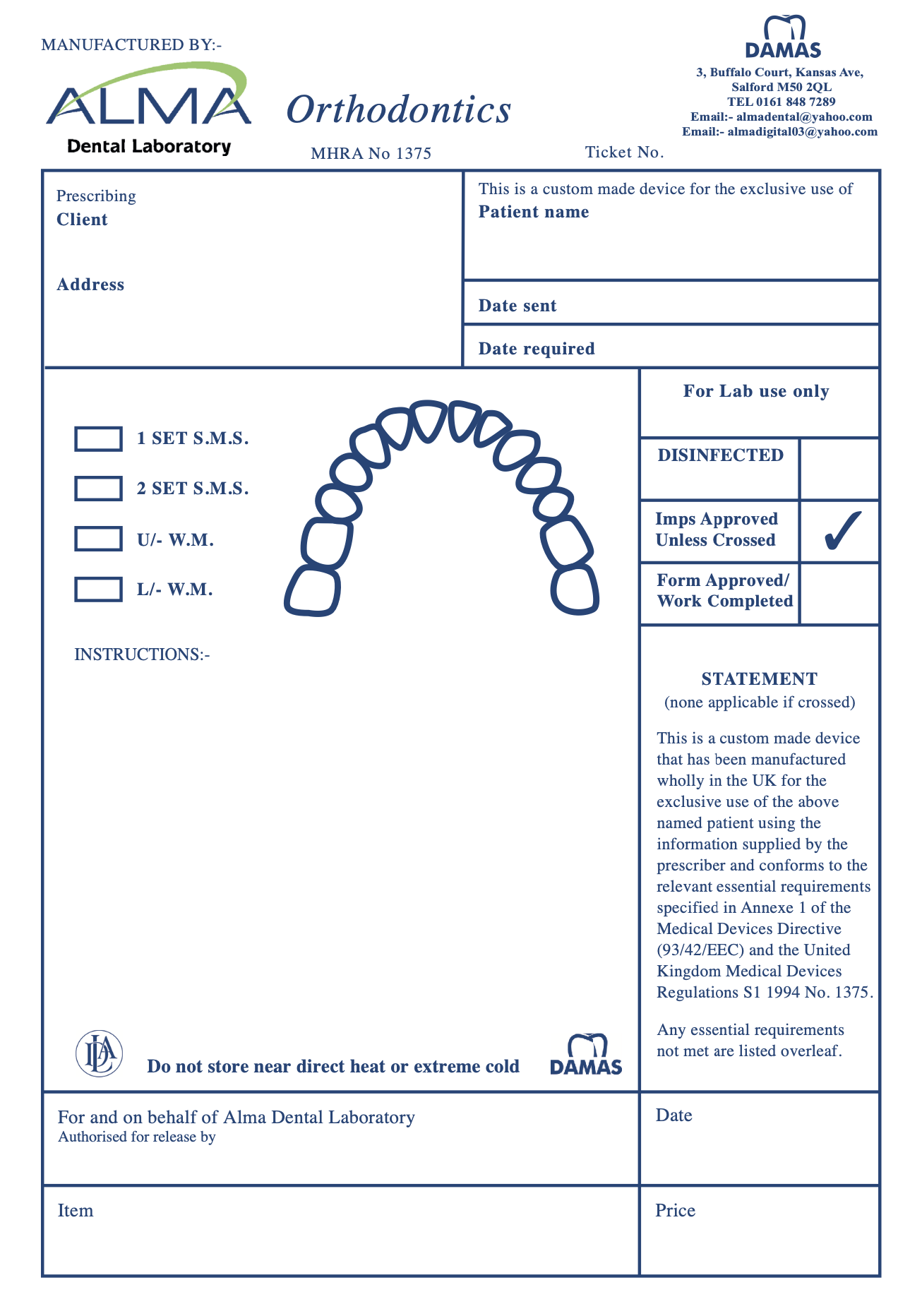 Lab sheet download | Alma Dentlal Laboratory